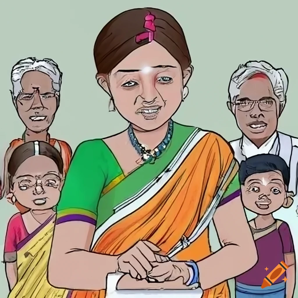 Cartoon depicting diverse citizens voting in Indian elections on Craiyon