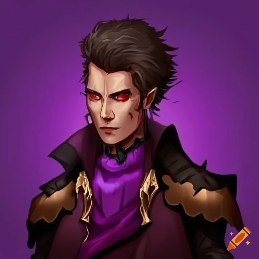 Handsome warlock character with red eyes and purple features on Craiyon