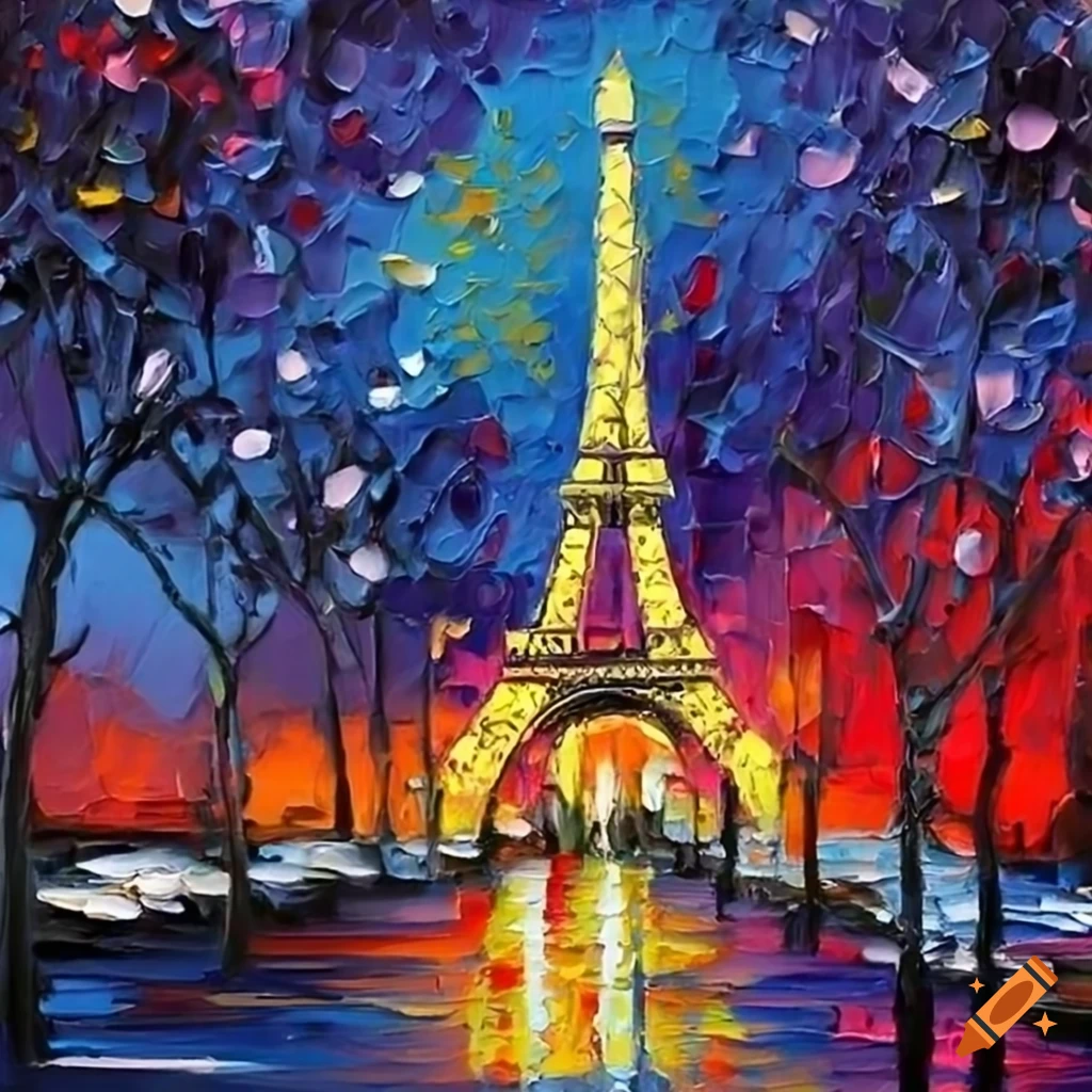 Palette knife painting of the eiffel tower illuminated at night on Craiyon