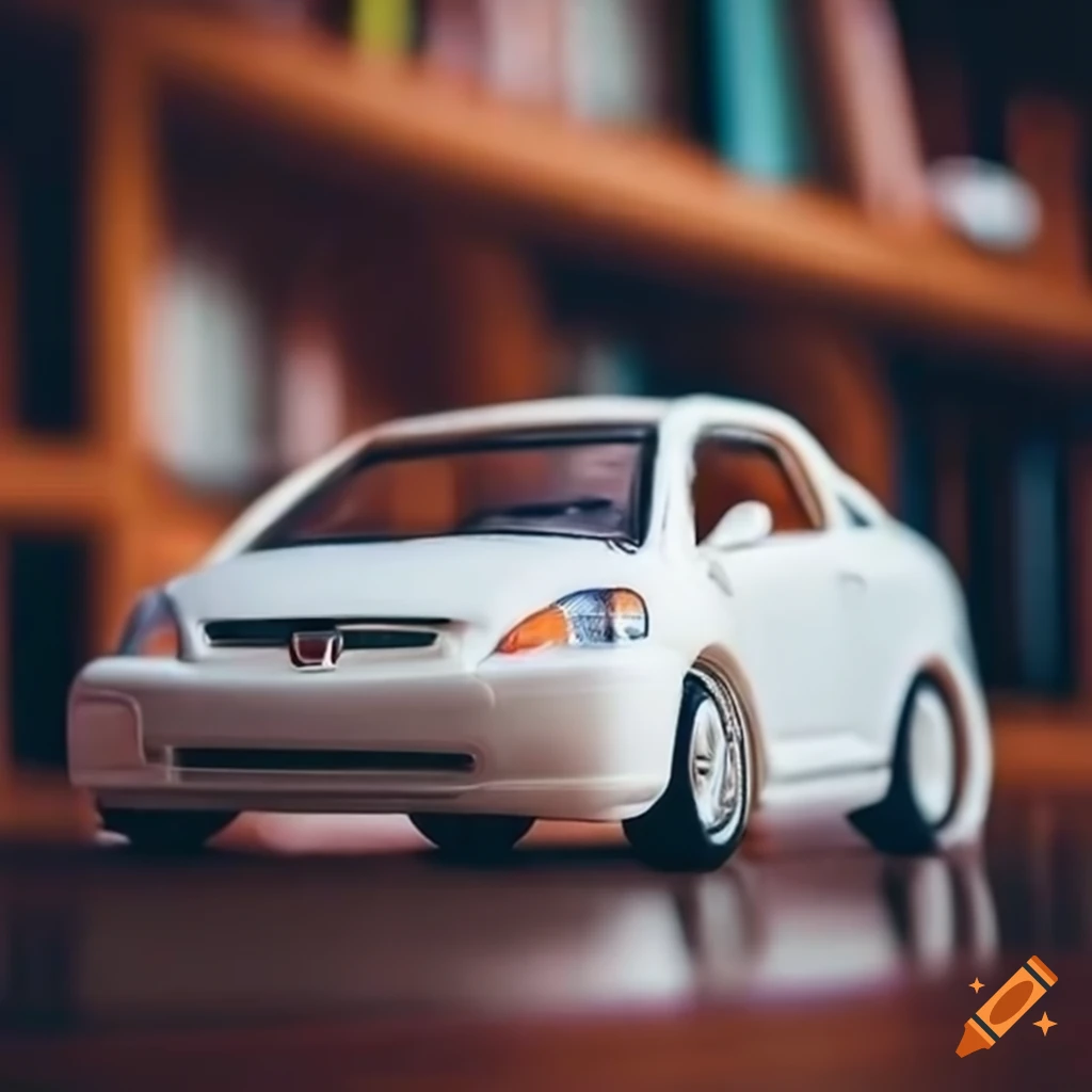 Fluffy cute white Honda Civic 2002 coupe toy on a bookshelf on Craiyon