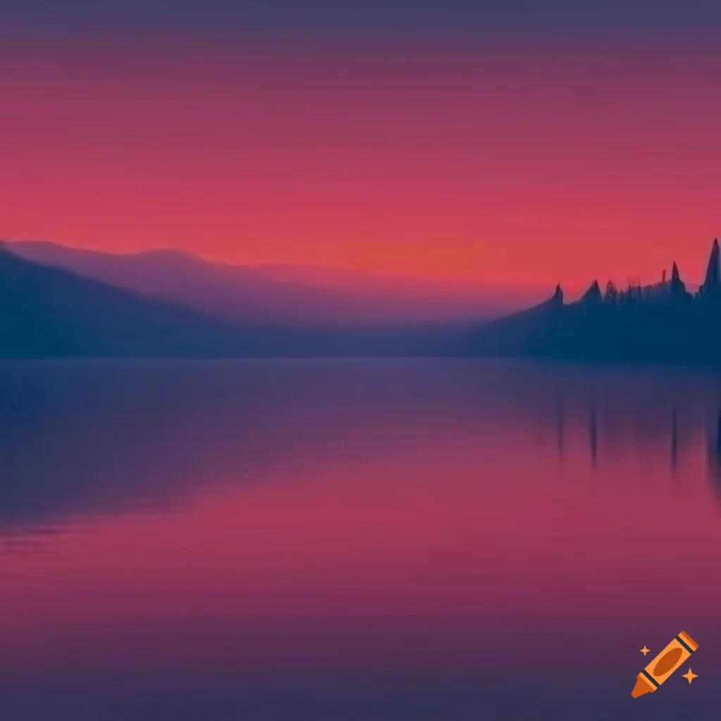 Dawn over hills with trees around a lake in minimalist desaturated red ...