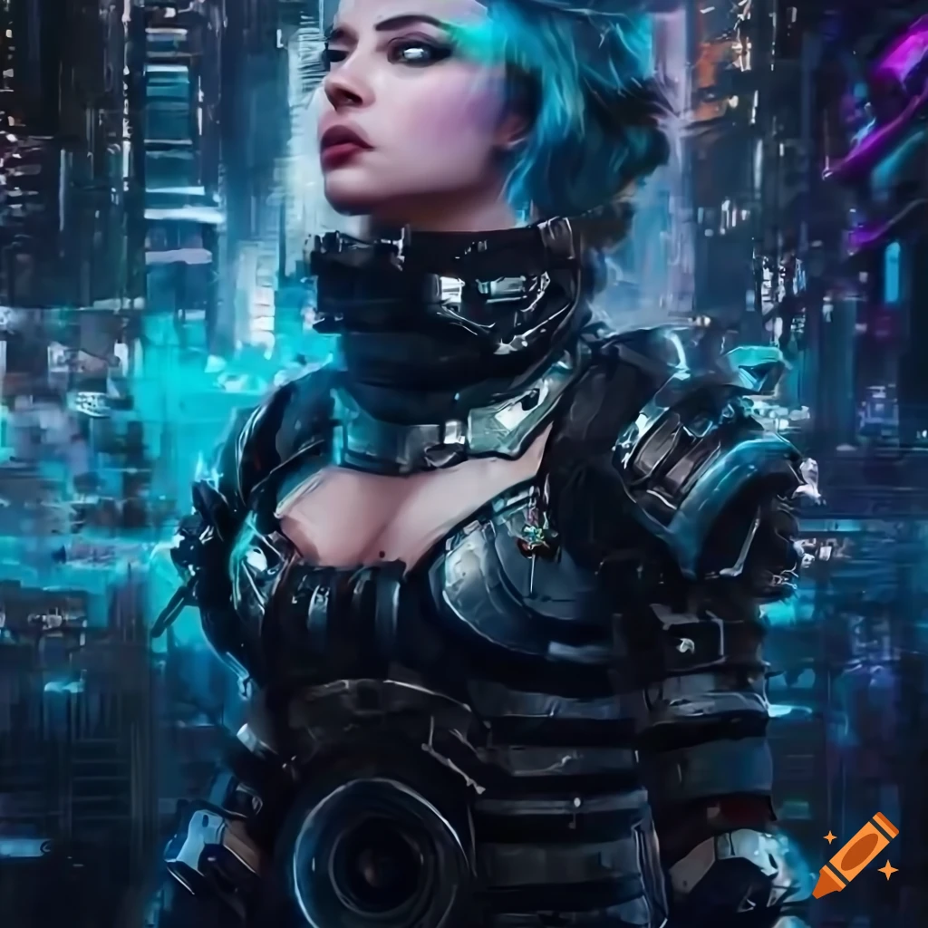 Cyborg warrior in futuristic armor in a post-apocalyptic metropolis on ...