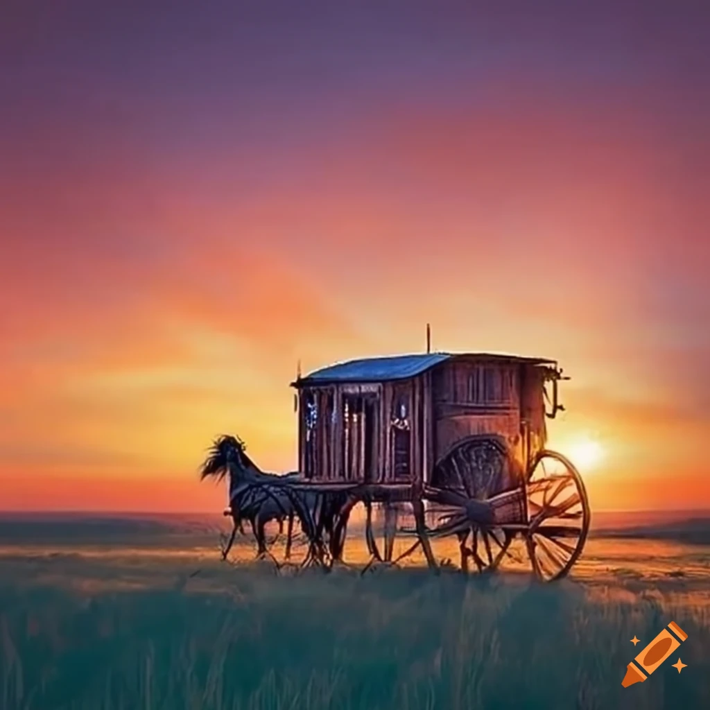 Showman's living wagon in field at sunset pulled by a horse on Craiyon