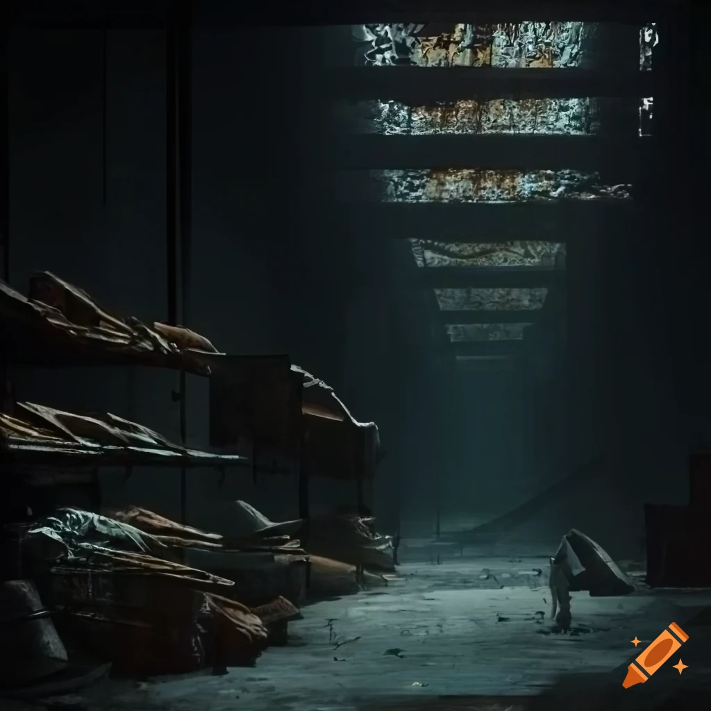 Gloomy makeshift warehouse with rusted walls and canvas roof on Craiyon