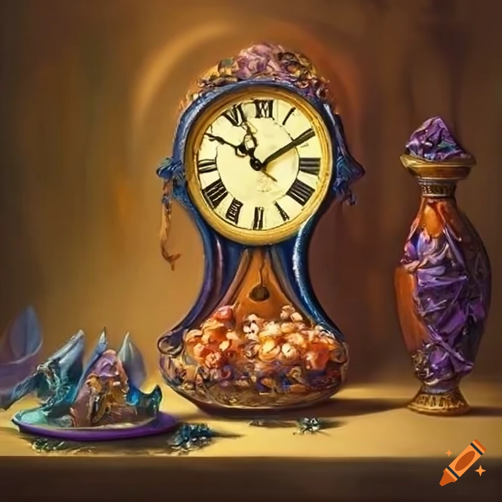 Painting of clocks entwined with vibrant crystal formations on Craiyon
