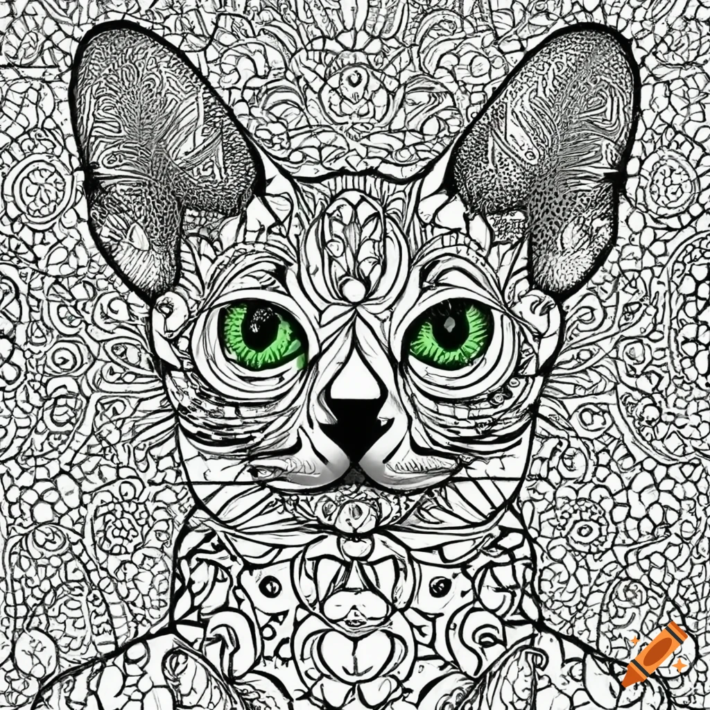 Simple coloring page of a cute Cornish Rex cat breed face with mandala ...