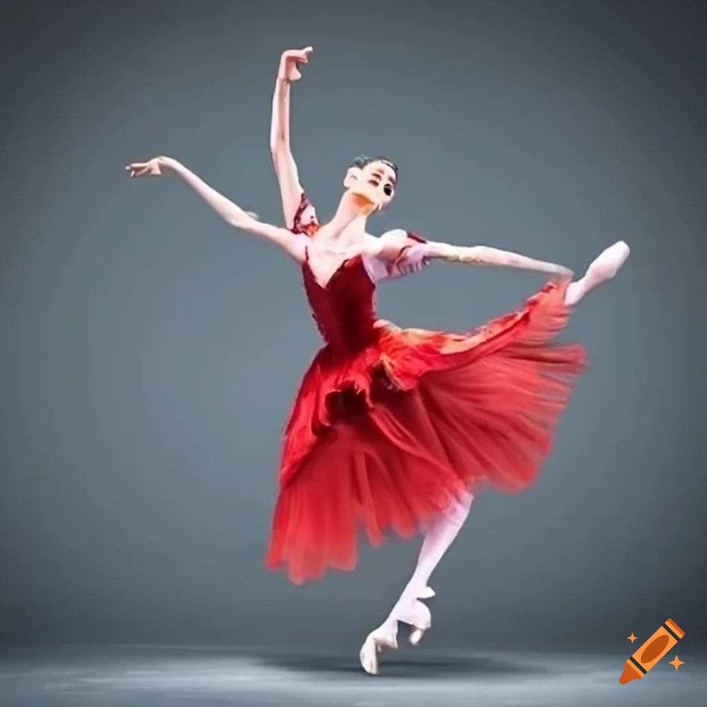 Kitri from Don Quixote ballet in a red costume performing a leap on Craiyon
