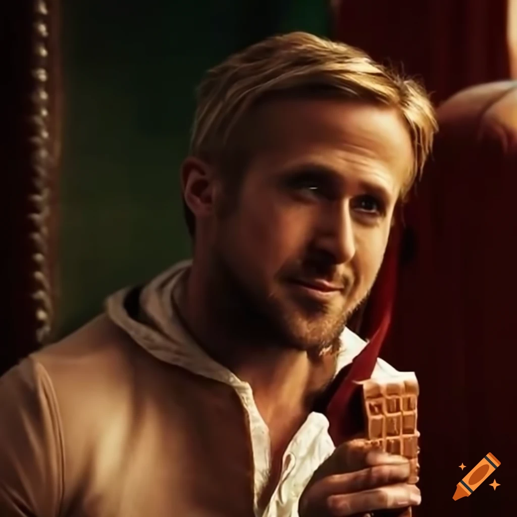 Ryan Gosling enjoying a chocolate bar on a roller coaster ride on Craiyon