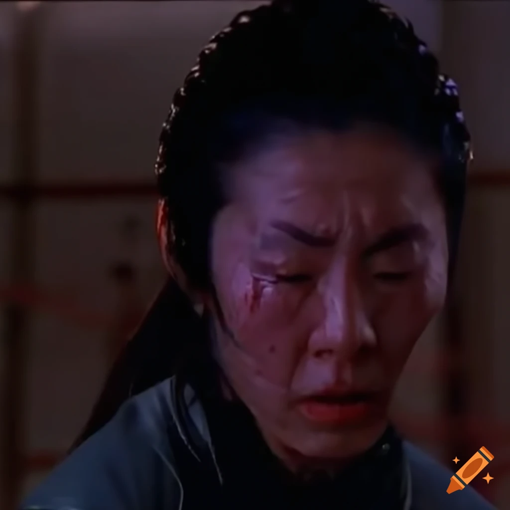 Expressive closeup of a dizzied, sweat-drenched female fighter in a 90 ...