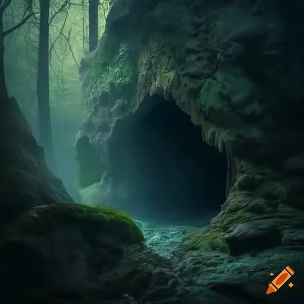 Cave entrance in a dark forest with hanging vines and concealed by ...