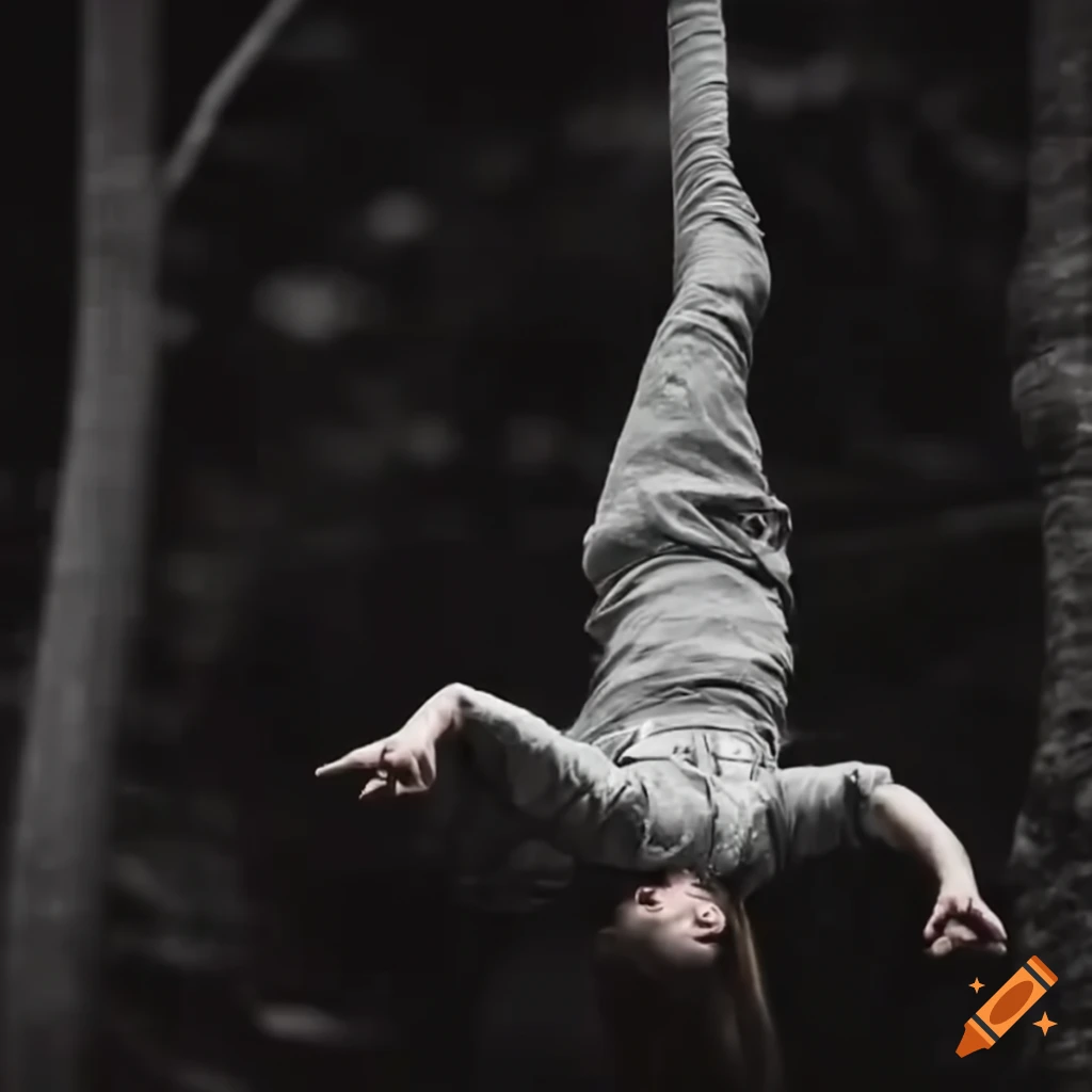 Man hanging upside down by his knees on Craiyon