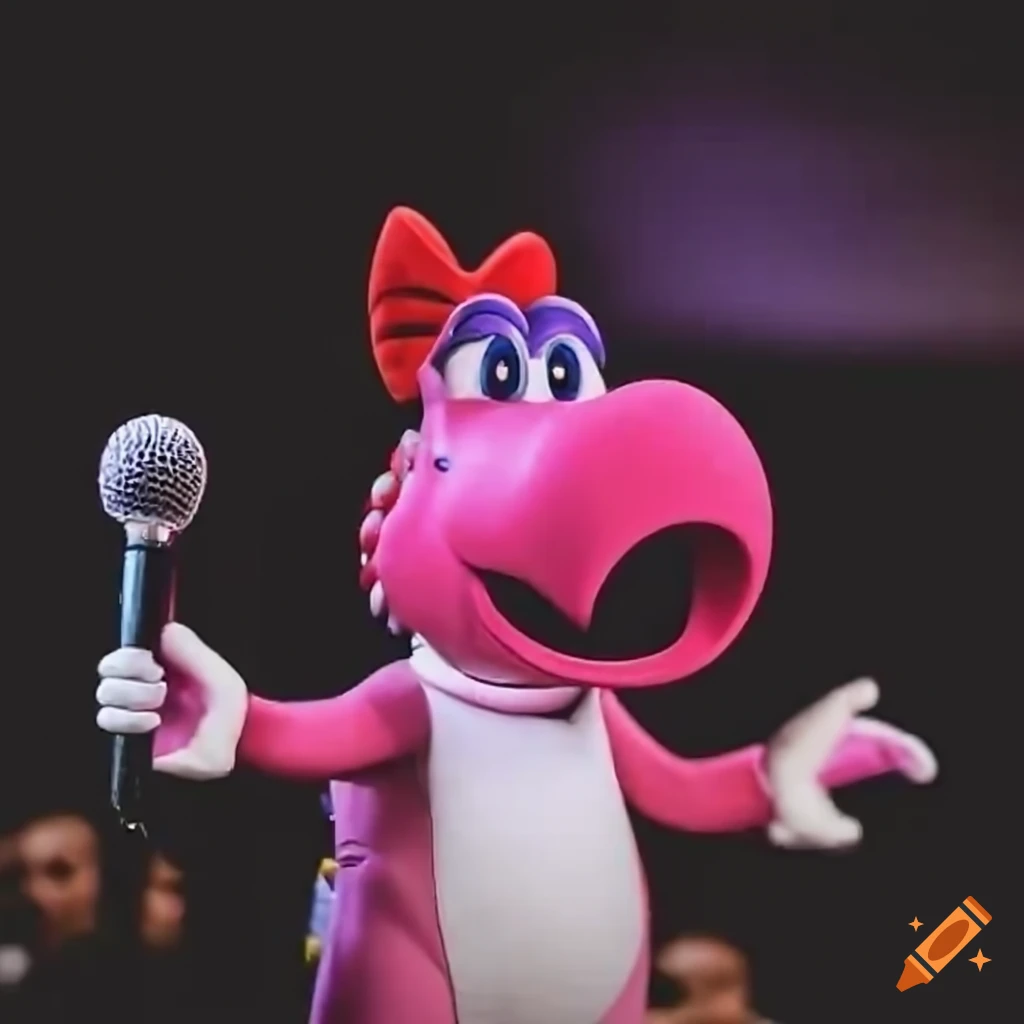 Birdo doing stand-up comedy on a crowded stage on Craiyon