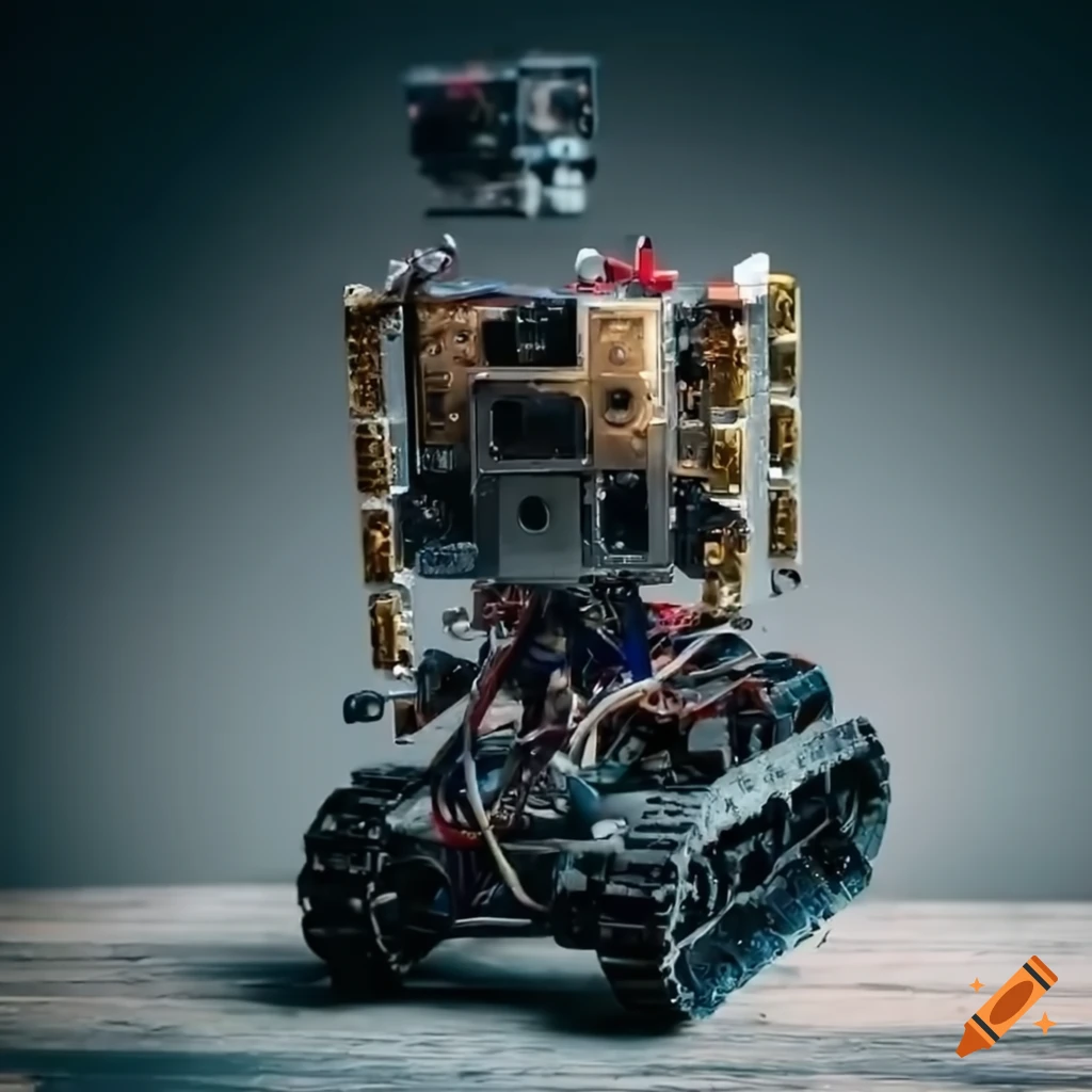 Homemade robot on crawler chassis with camera looking up on Craiyon