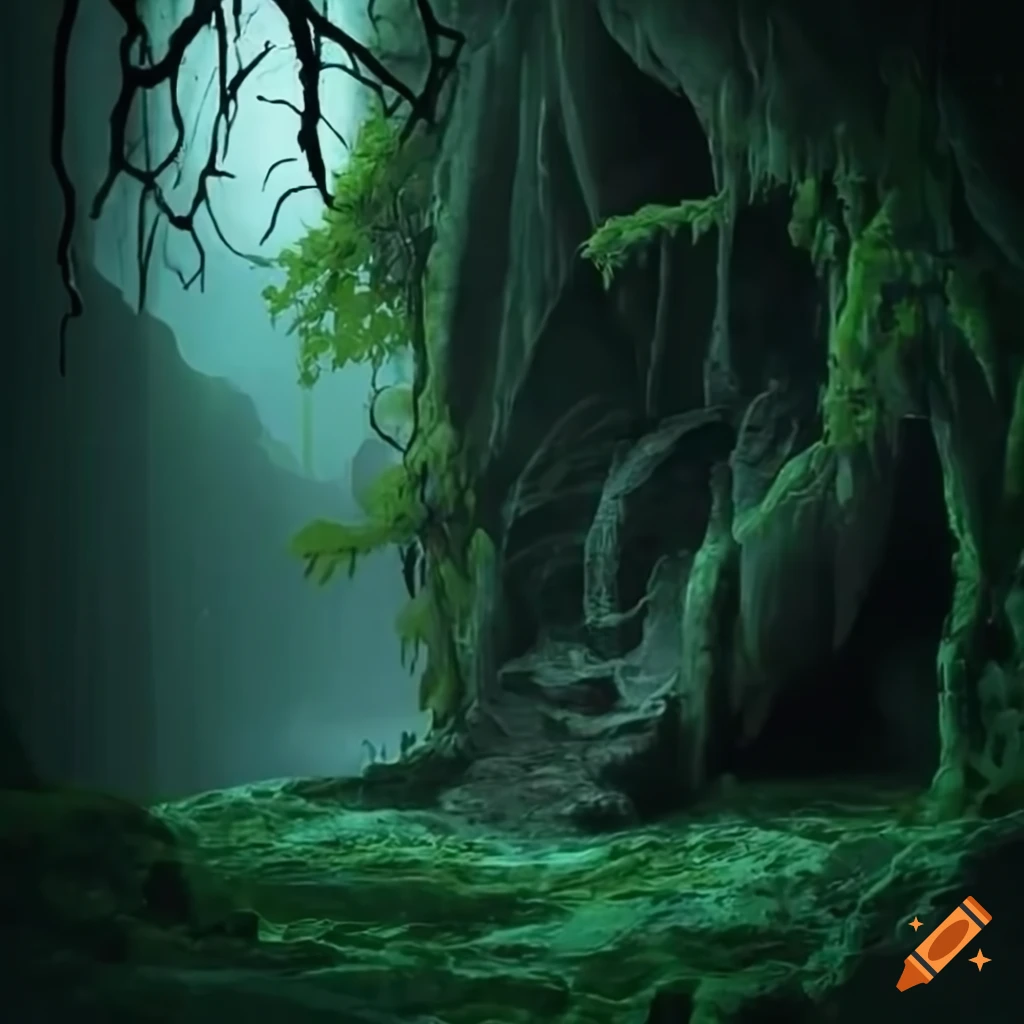 Cave in a dark forest with vines and hidden entrance on Craiyon