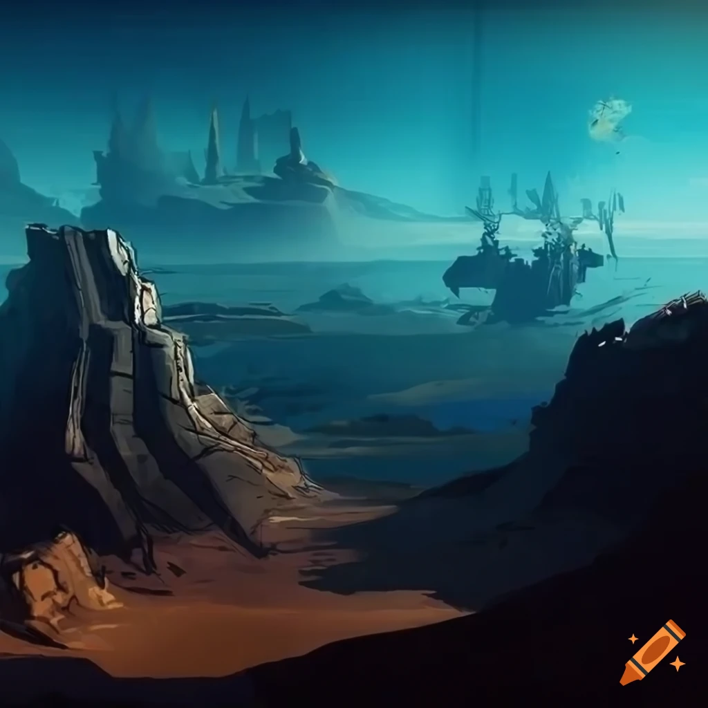 Borderlands-style sky landscape with battleships in the desert on Craiyon