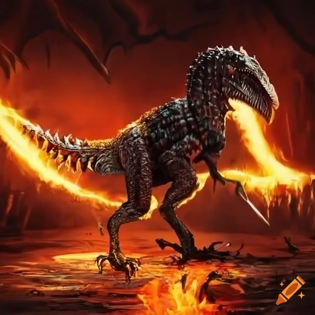 Metallic velociraptor surrounded by flames in a fantasy style HD image ...