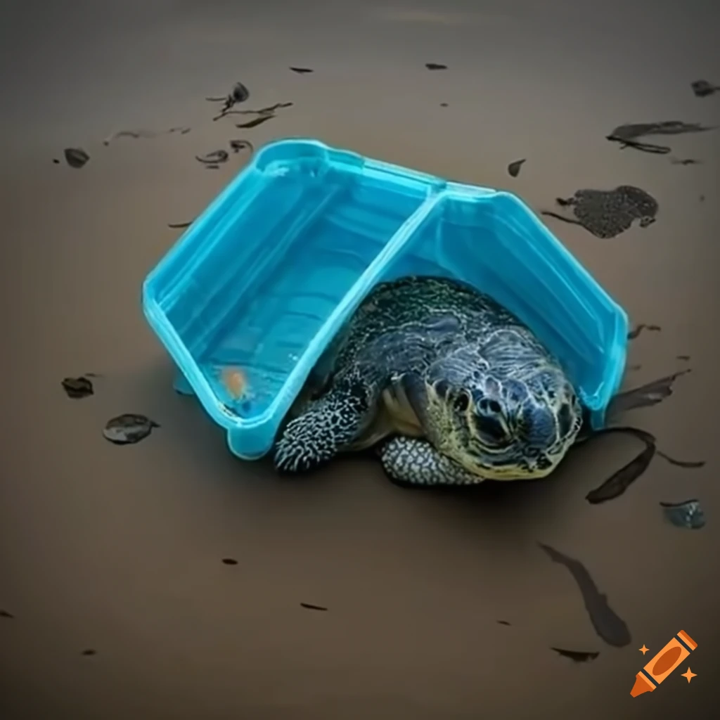 Sad turtle under a discarded plastic container on the beach on Craiyon