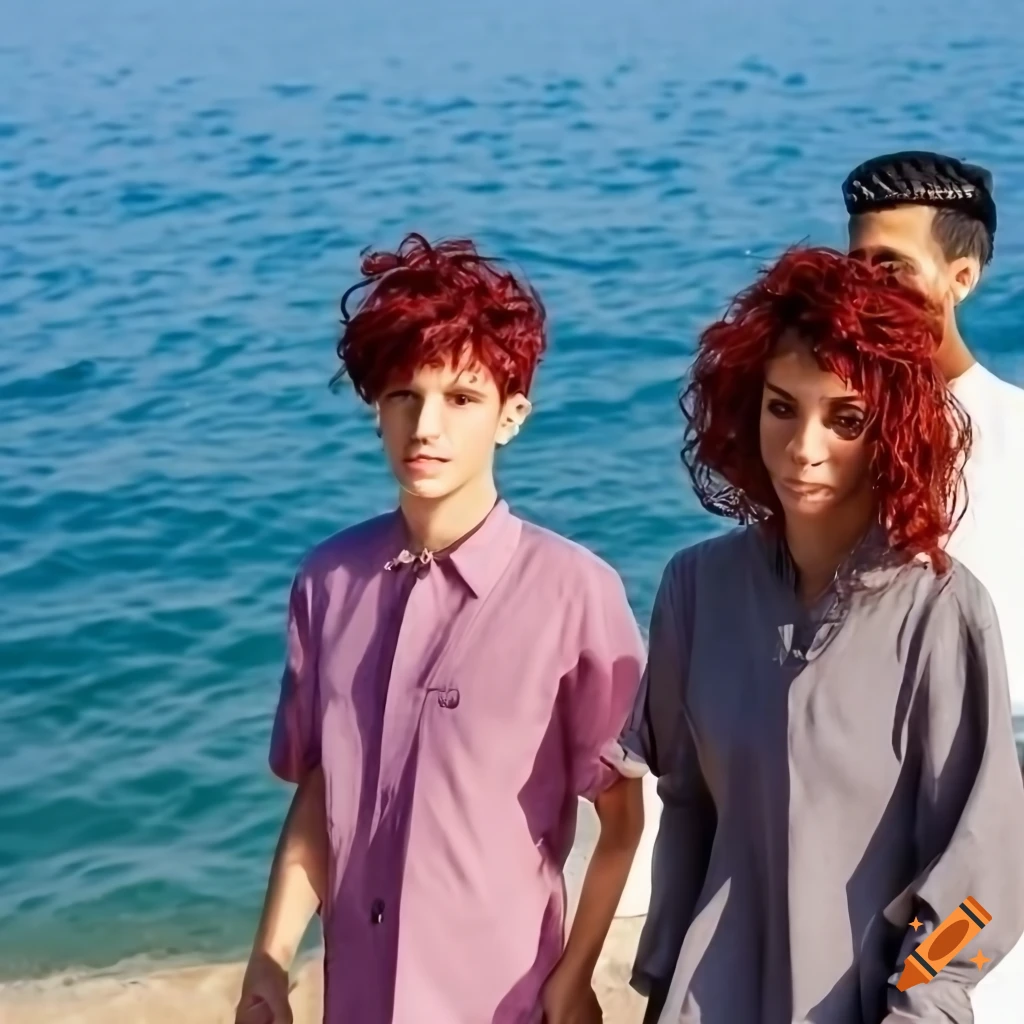Group of people with maroon hair walking by the sea on Craiyon