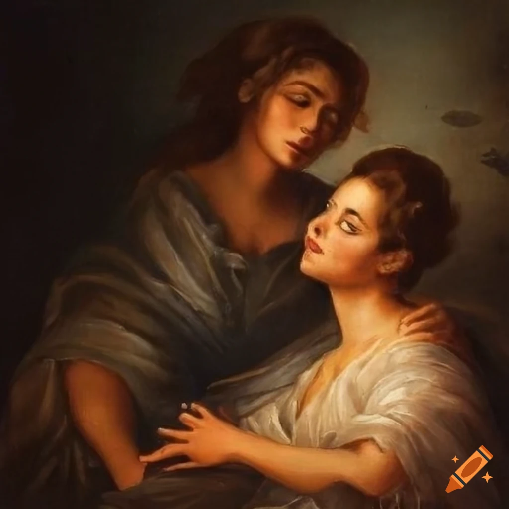 Oil painting of a woman reaching for the sky with a dark-winged angel ...
