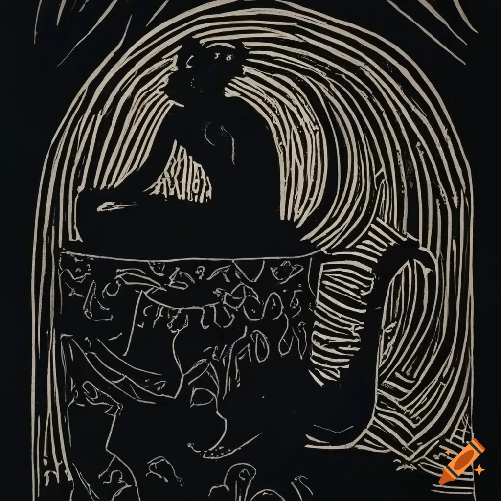 Satyr drinking from kantharos under moon on starry night lino cut print ...