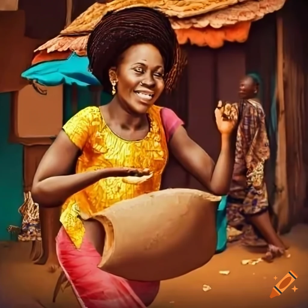 Nigerian market with woman chasing rolling sack of flour on Craiyon