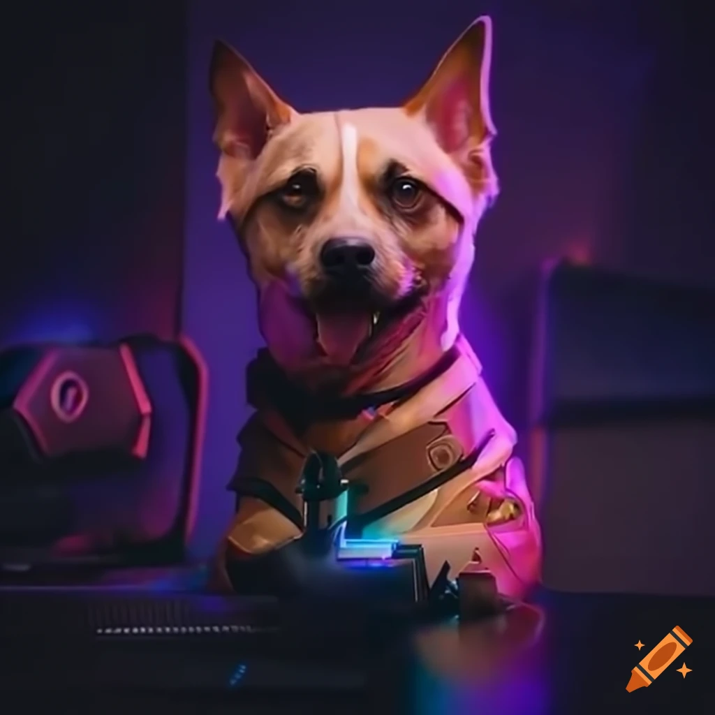 Dog watching gamer play Valorant in gaming room on Craiyon
