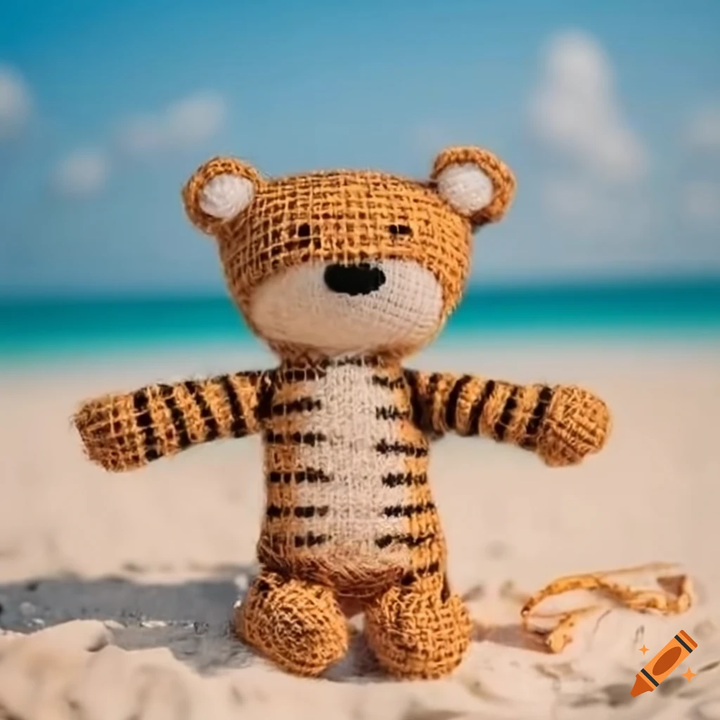 Cute burlap doll Hobbes on Yucatan beach on Craiyon