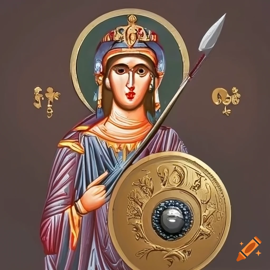Greek Orthodox Byzantine icon of Goddess Athena with spear and shield ...