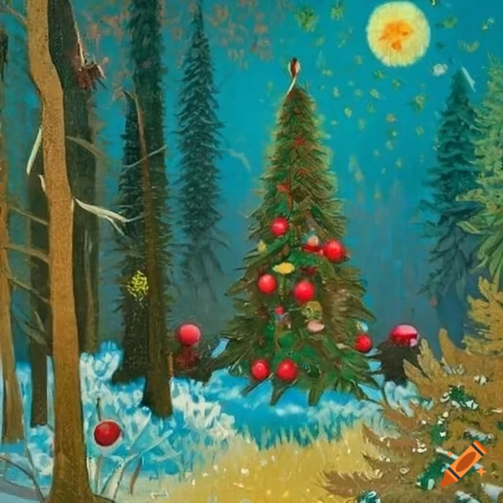 Illustration of a christmas forest scene with evergreen trees, snow ...