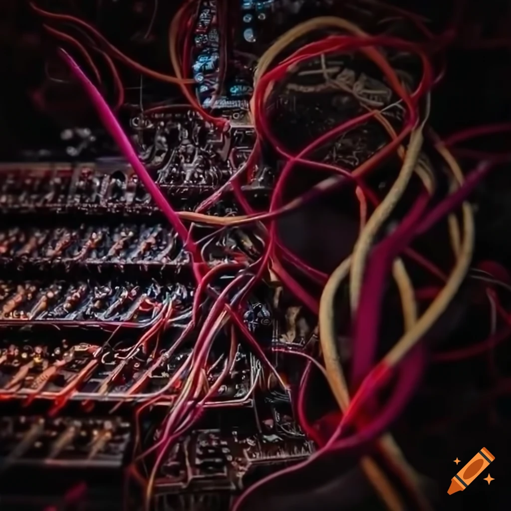 Modular synth eurorack cables in brain anatomy retro style on Craiyon