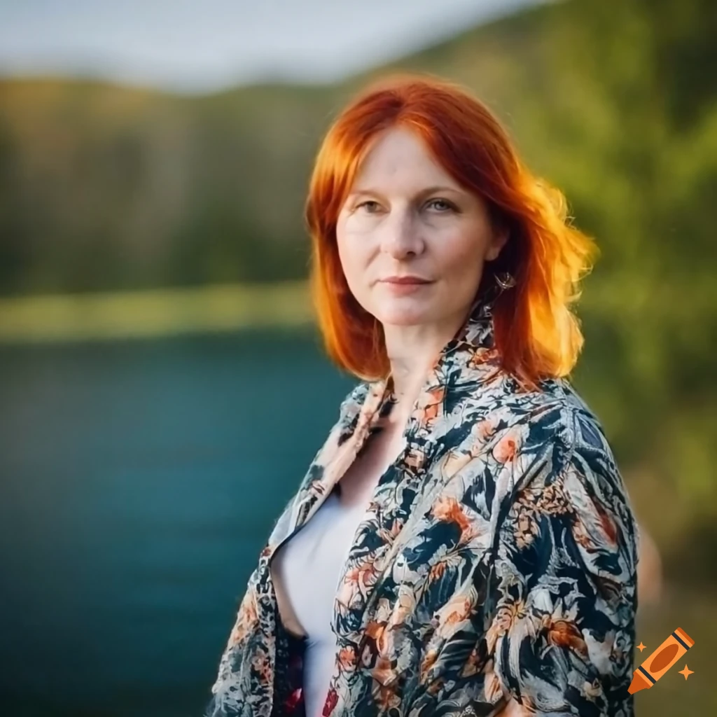 Beautiful 53-year-old redhead woman near a lake on Craiyon