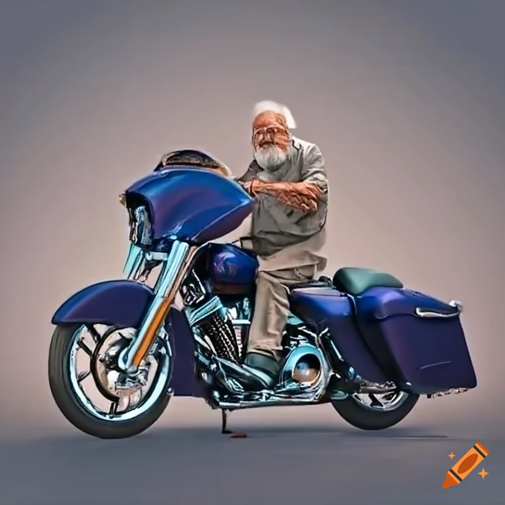 Elderly man riding a Harley Davidson Street Glide motorcycle on Craiyon
