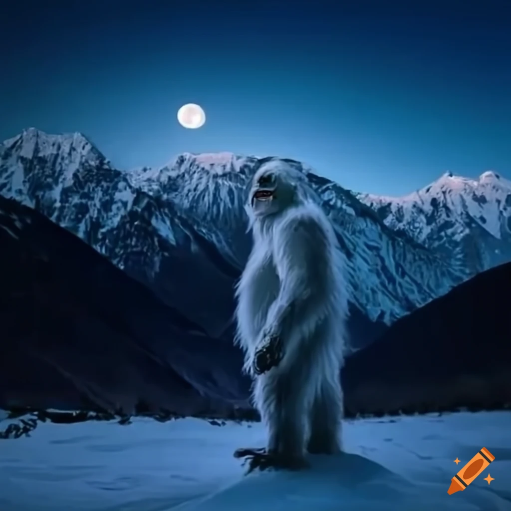 Man encountering a yeti in a snowy himalayan valley under a starry sky ...