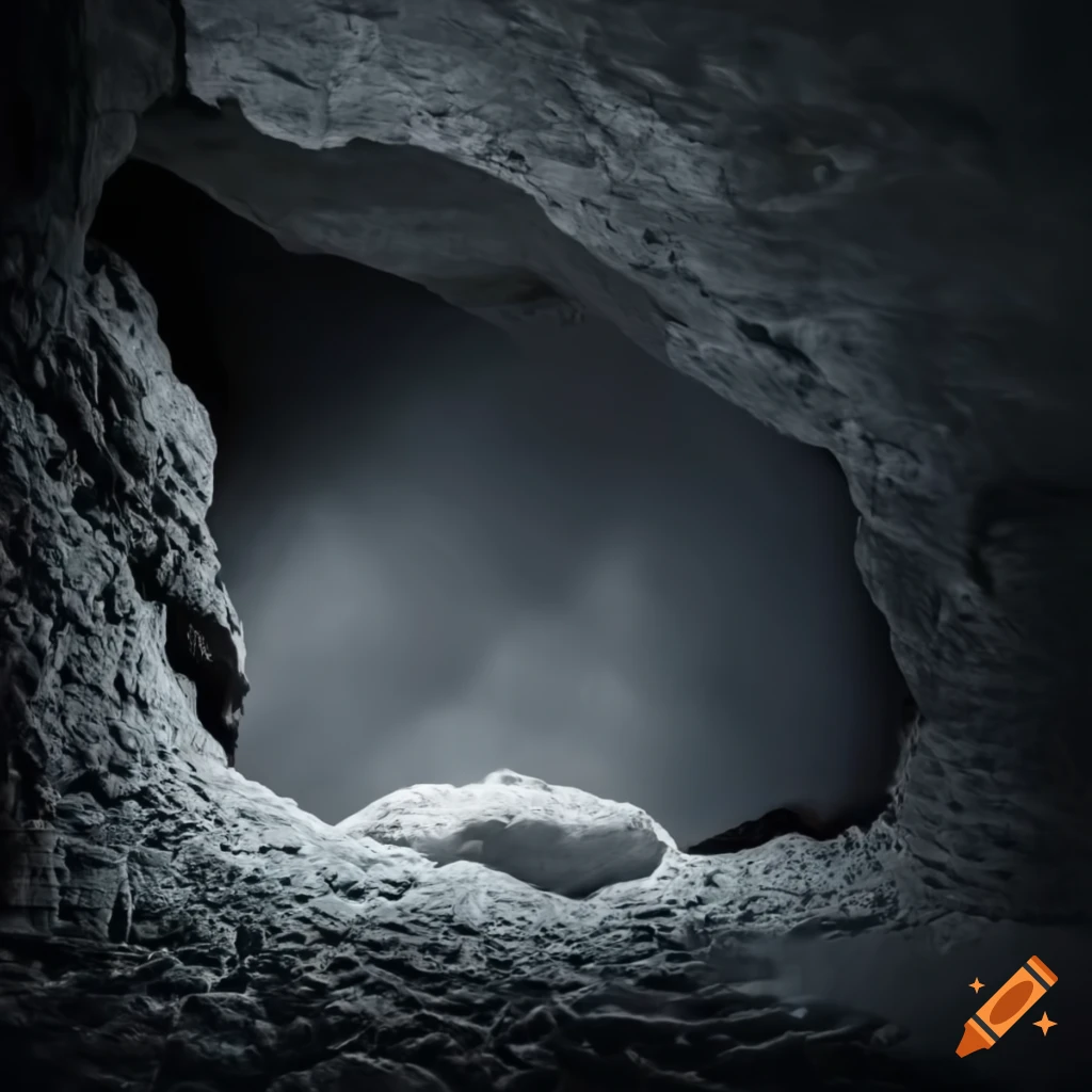Gray rough cave interior with a ledge near the ceiling on Craiyon
