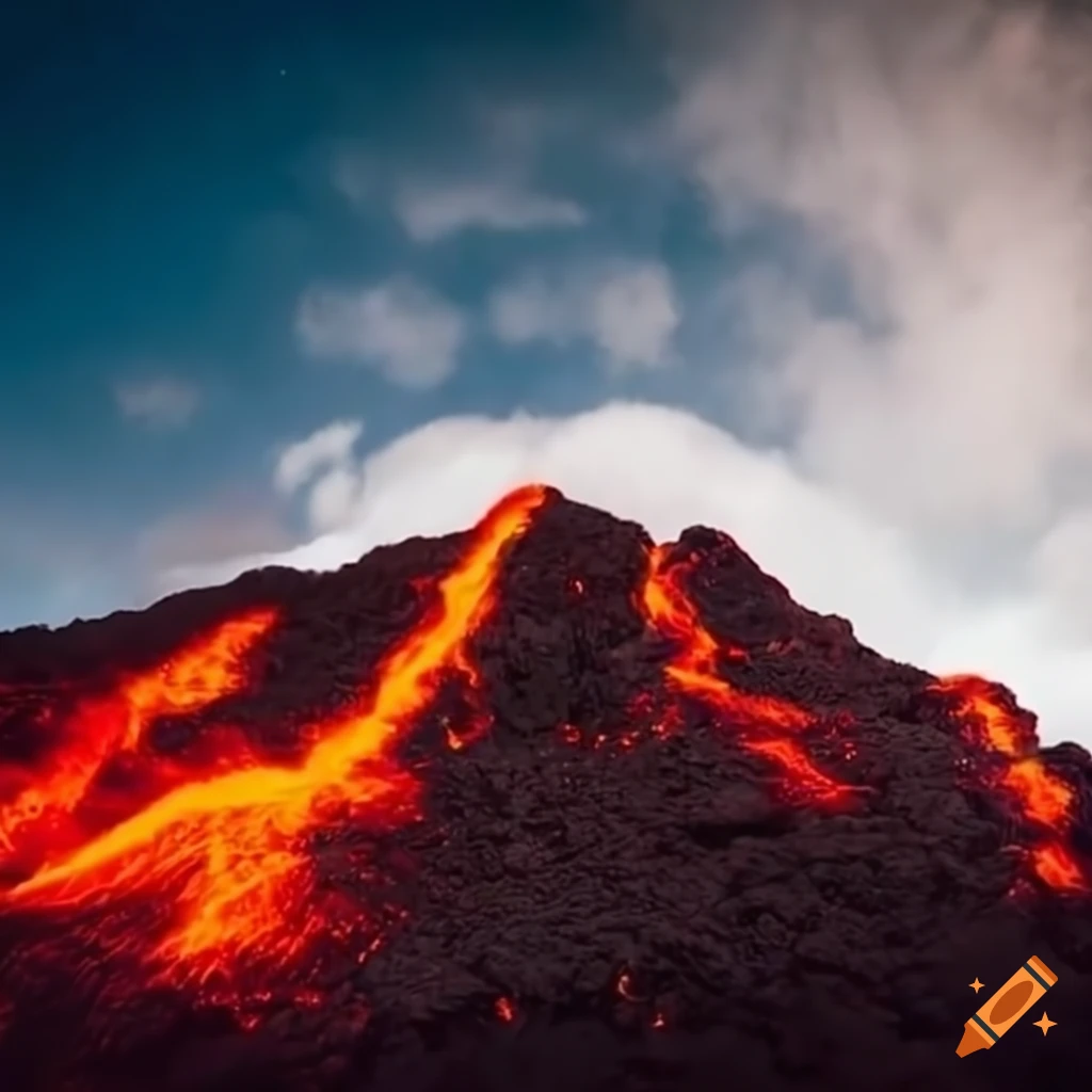 Lava flowing beneath fluffy white clouds in the sky on Craiyon