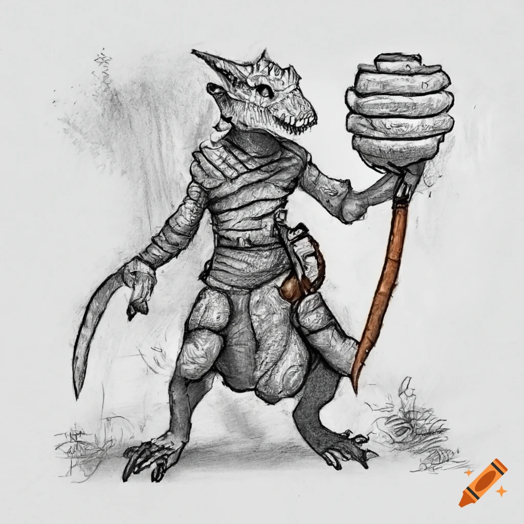 Kobold ranger with a sling in a forest looking at a beehive on Craiyon