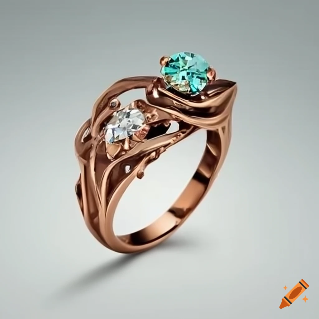 Luxurious art nouveau engagement ring with intricate design and gemstones on Craiyon