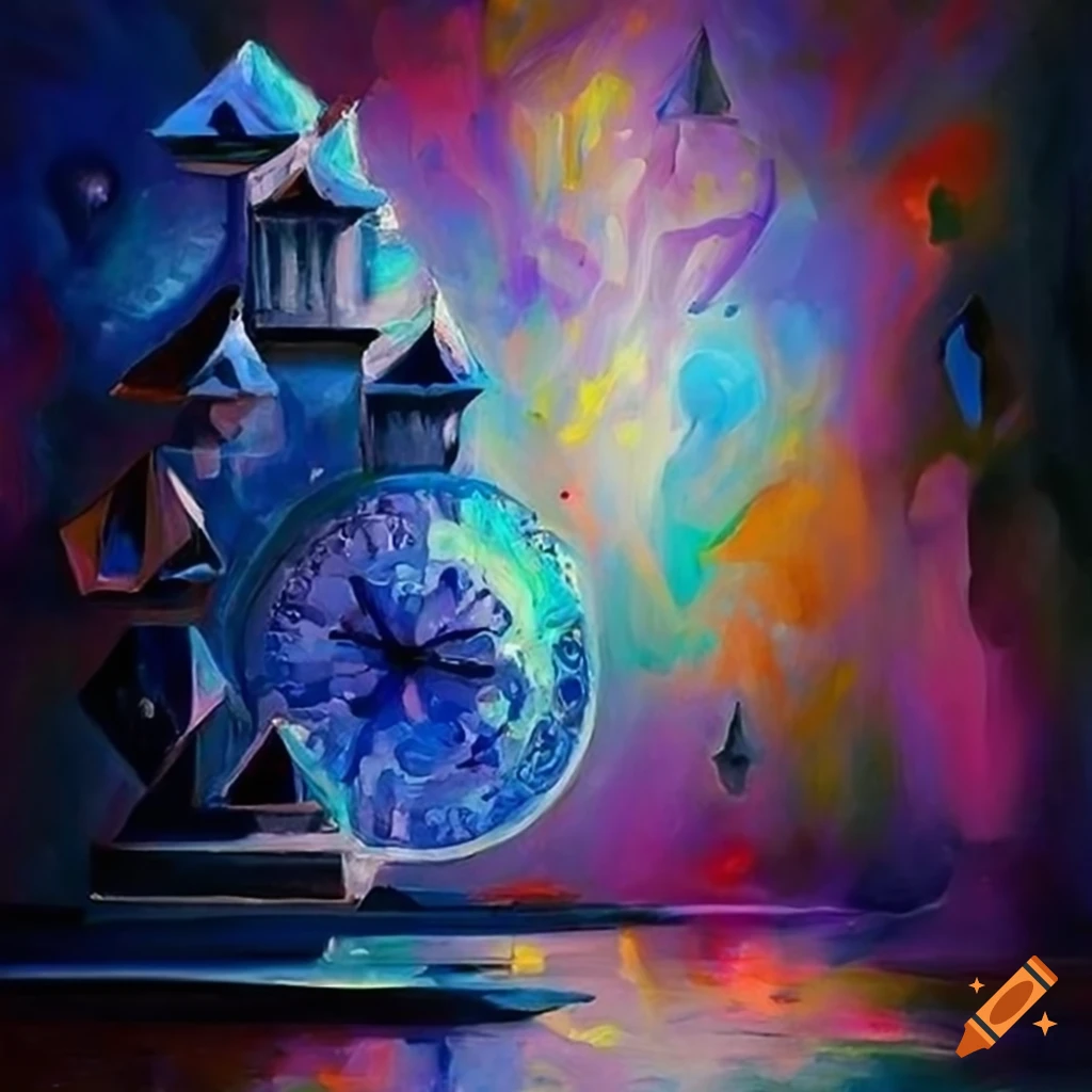 Timeless Reflections - painting of clocks and crystals on Craiyon