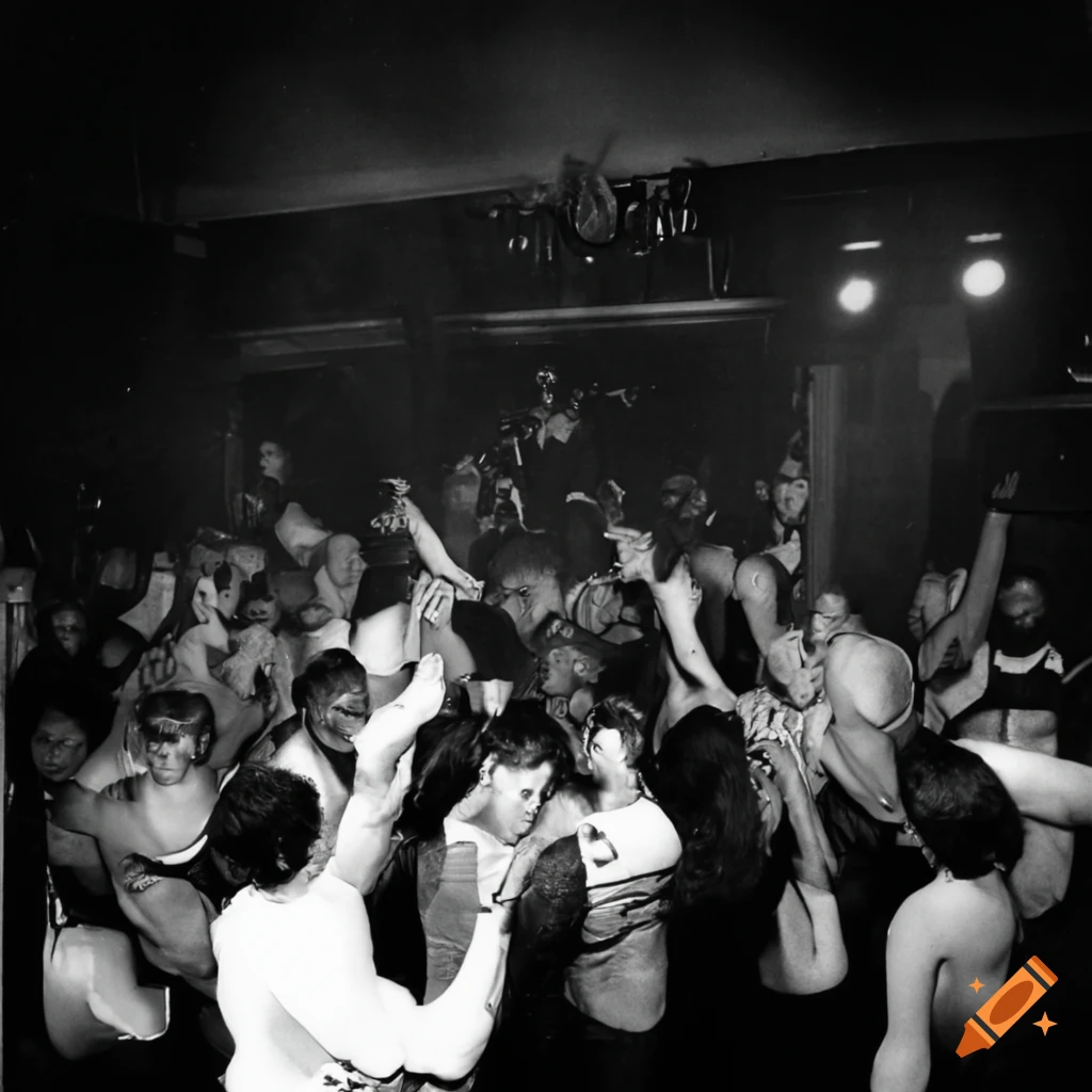 Vibrant 90s nightlife scene with diverse revelers dancing in a ...