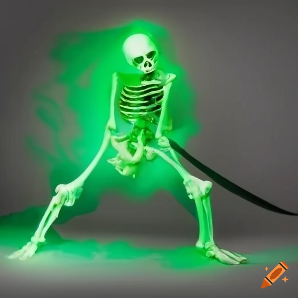 Green illuminated ghostly skeleton pirate in attacking pose with ...