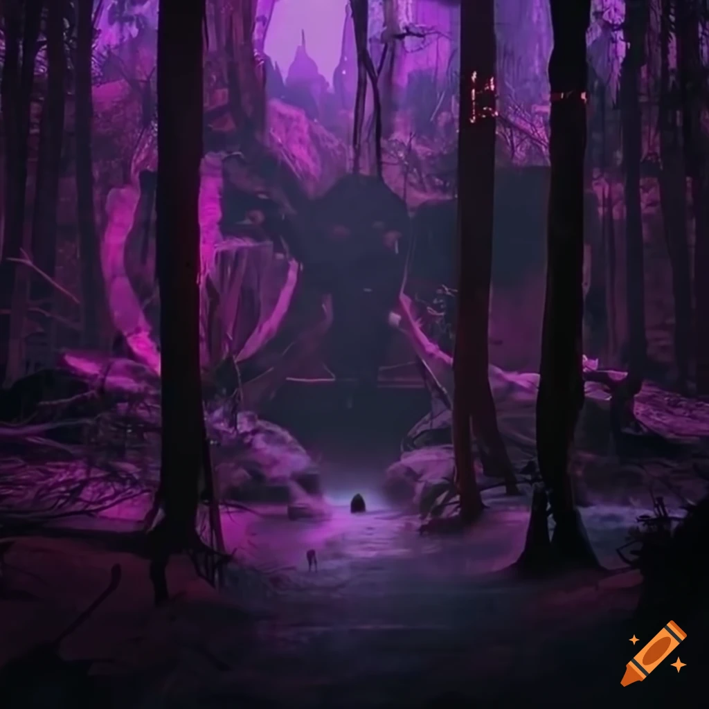 Cyberpunk psytrance rave in the woods with a great landscape on Craiyon