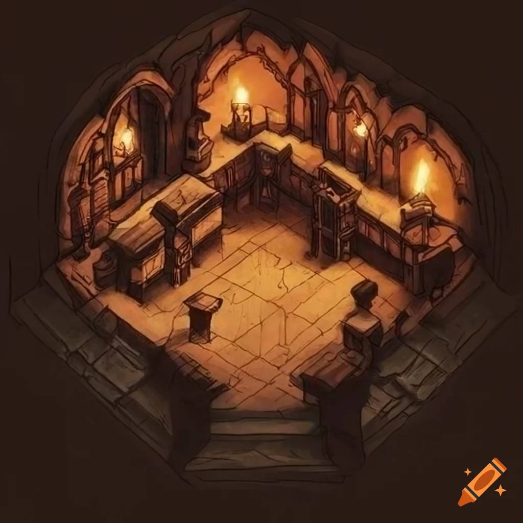 Isometric dnd map of a treacherous gothic royal dungeon room on Craiyon