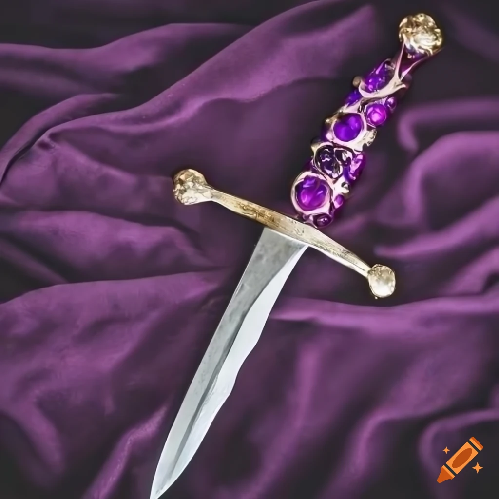 Steel dagger with purple gem-set hilt on black velvet cloth on Craiyon