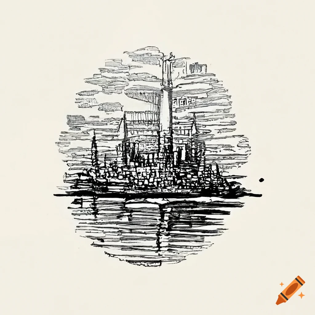 Simple ink drawing of a solarpunk city in the water by iván shishkin on ...