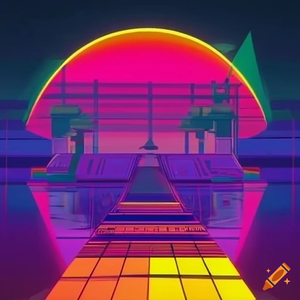 Vibrant 80s retro graphic scene with neon colors and iconic Gen X ...