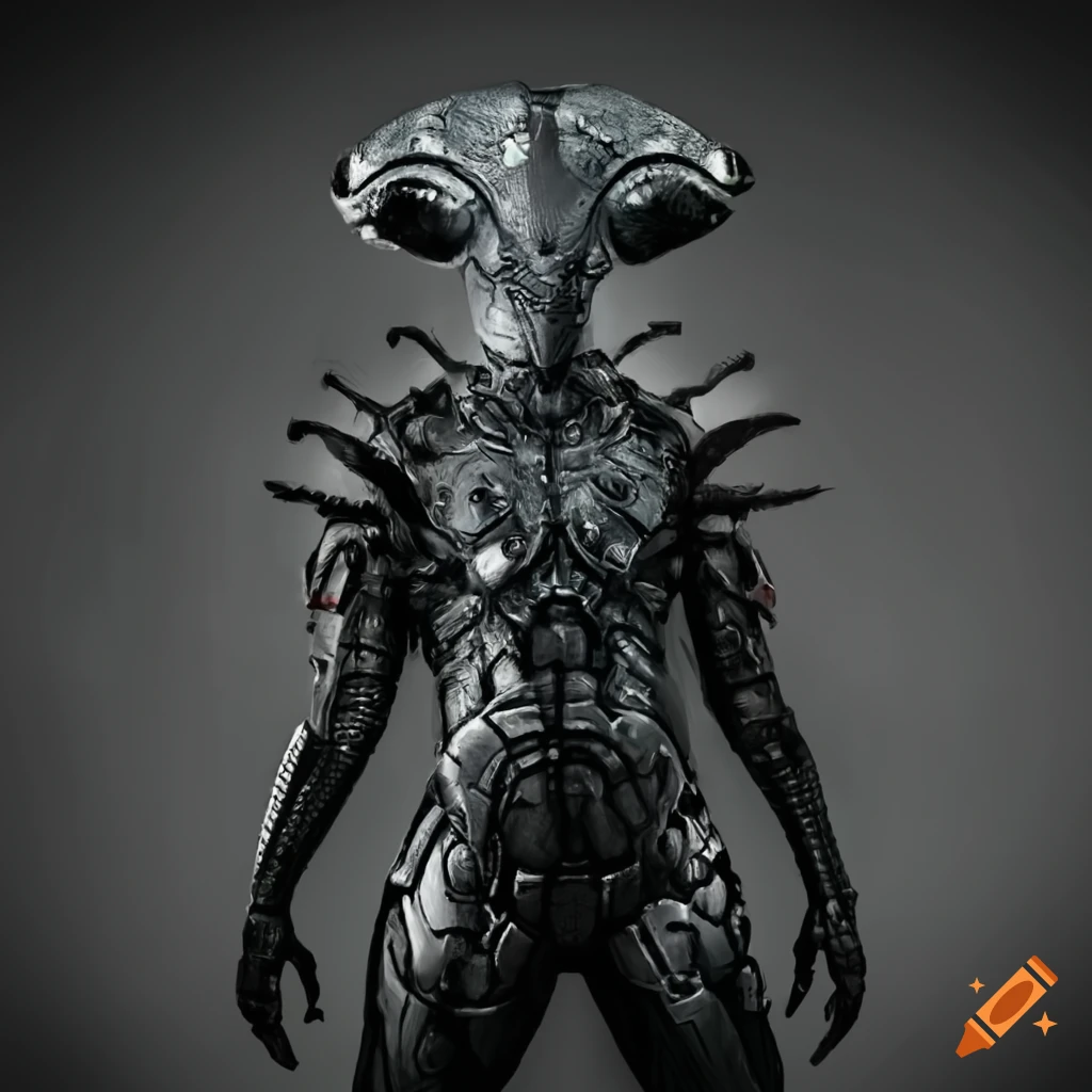 Carnivorous alien in black futuristic armor on Craiyon
