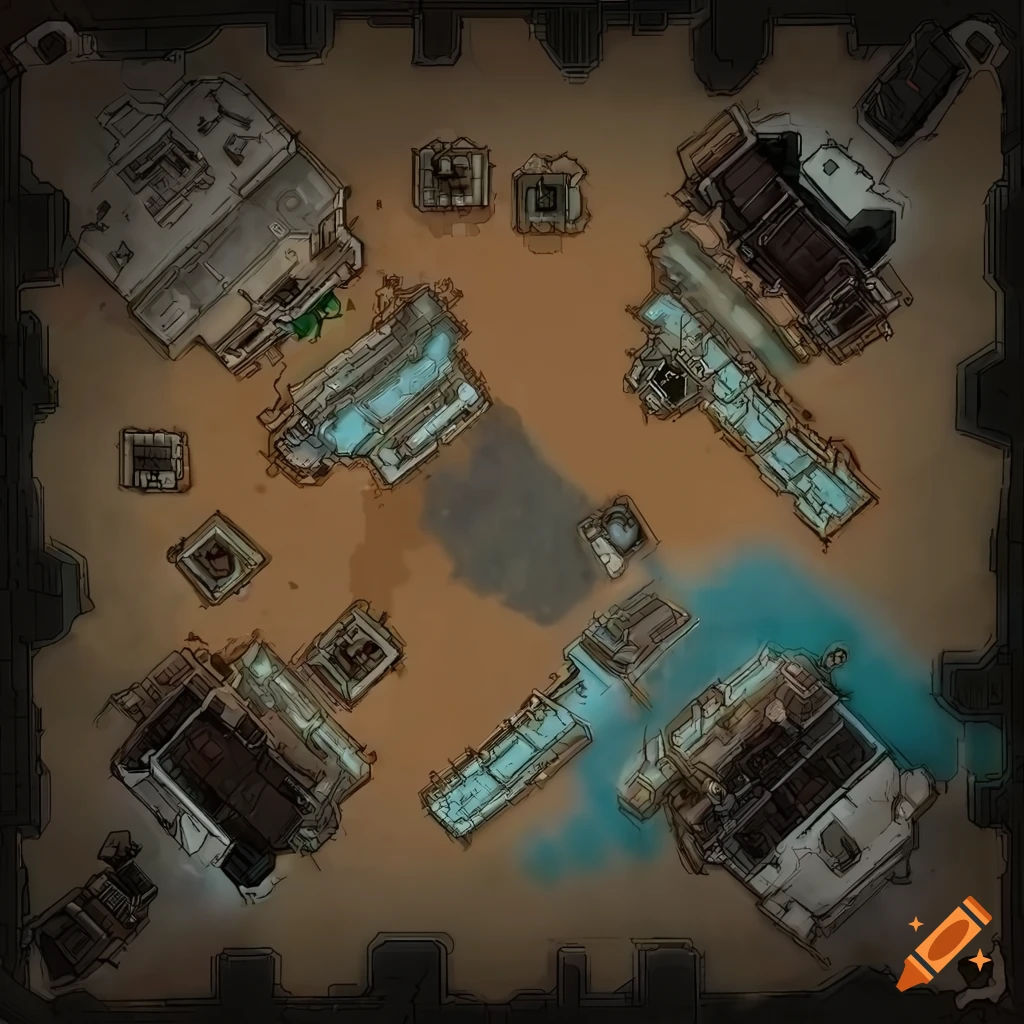 Top-down sci-fi rpg battle map layout on Craiyon