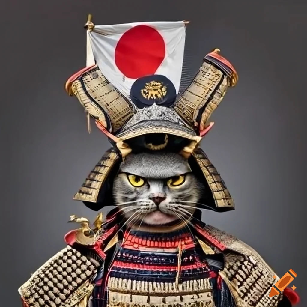 Honored samurai cat in traditional japanese armor with flag on Craiyon