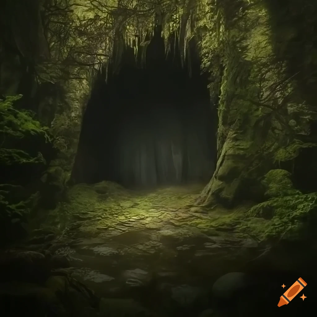 Ominous cave in a mystical forest with creeping vines and vibrant ...