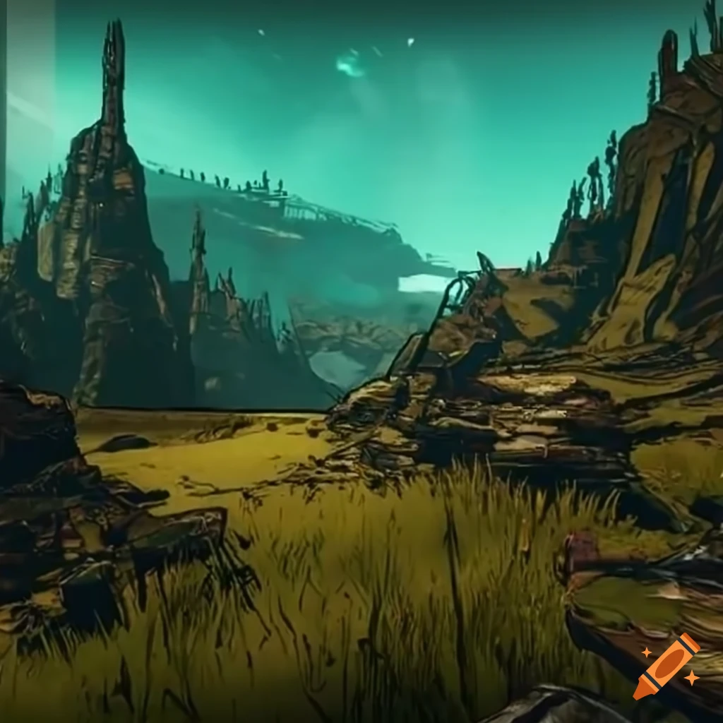 Borderlands biomes landscape with alien flora on Craiyon